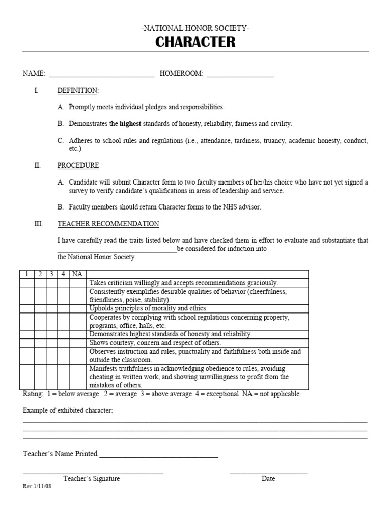 National Honor Society Character Form | PDF | Teachers | Academic ...