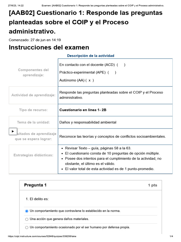 Examen - (AAB02) Cuestionario 1 - Responde Las Preguntas Planteadas Sobre El COIP y El Proceso ...