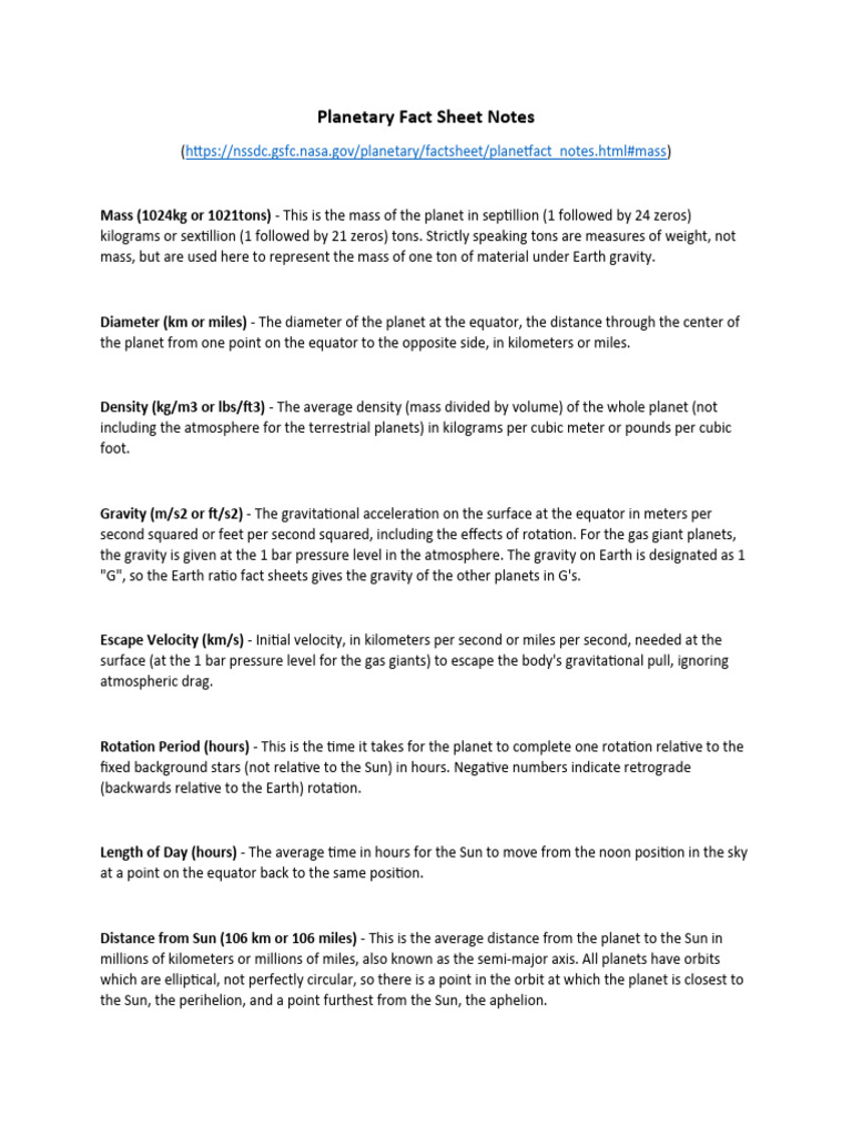 NASA Planetary Fact Sheet Overview | PDF | Atmosphere | Planets