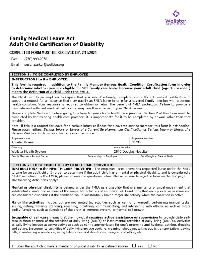 Adult Child Certification - Shivers | PDF | Family And Medical Leave ...
