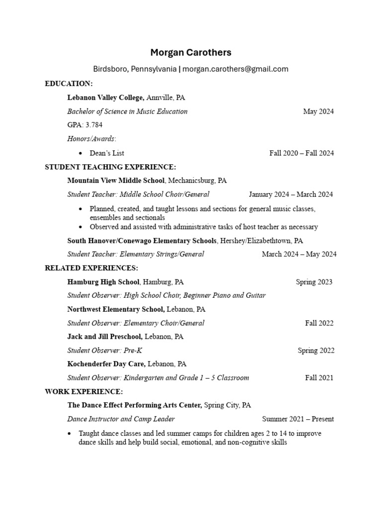 Music Education Resume: Morgan Carothers | PDF | Choir | Teachers