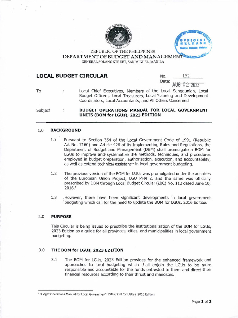 Local Budget Circular No 152 Dated August 02 2023 | PDF