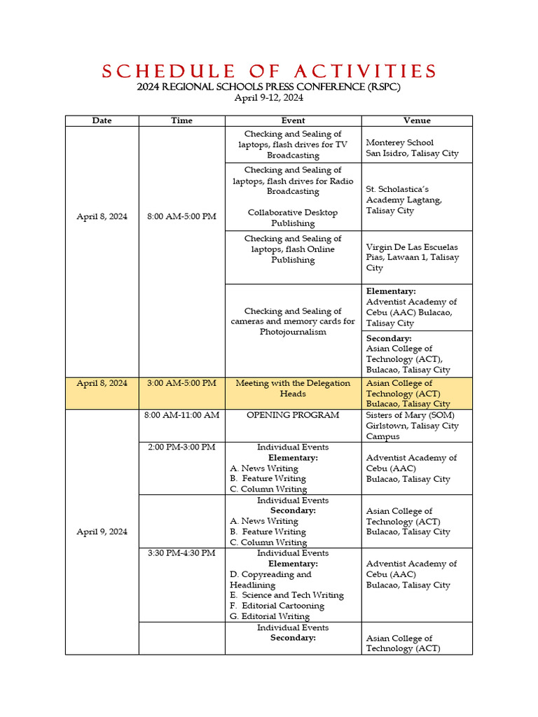 Schedule of Activities 2024 RSPC | PDF | Mass Media | Human Communication