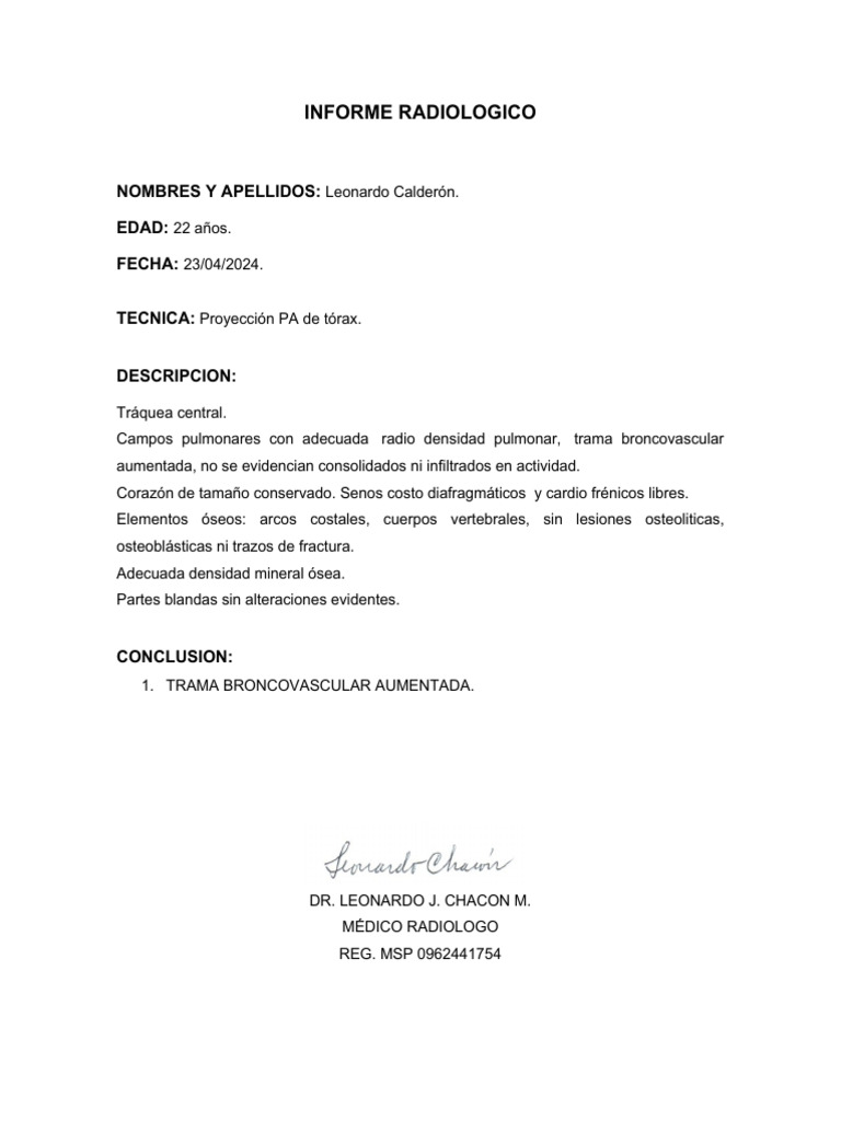 Informe Radiológico de Tórax 2024 | PDF