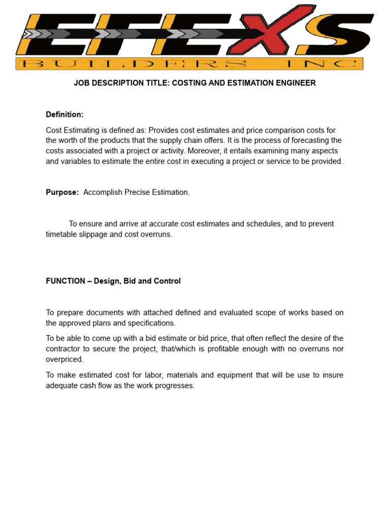 DUTIES AND RESPONSIBILITIES OF COSTING AND ESTIMATION ENGINEER | PDF ...