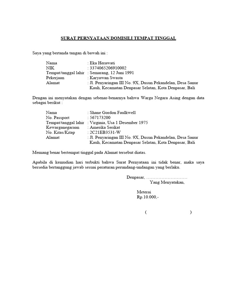 Surat Pernyataan Domisili Tempat Tinggal 2184 | PDF Surat Pernyataan Domisili Tempat Tinggal 2184 | PDF