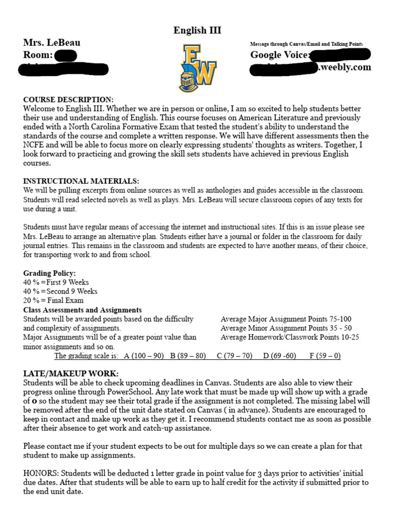 English III Syllabus Fall 2021 | PDF | Plagiarism | Classroom