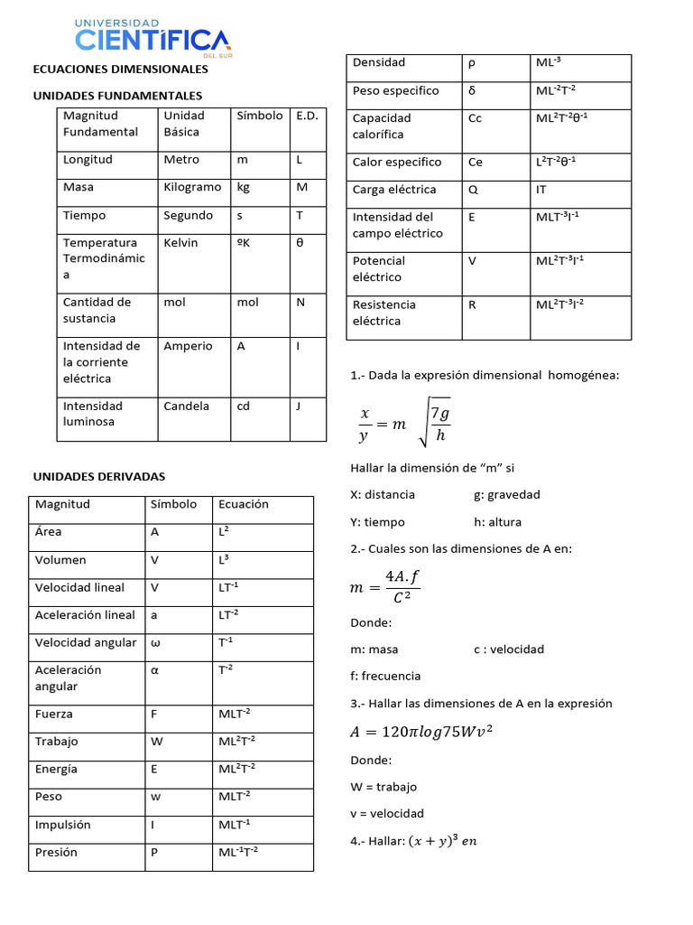 Ecuaciones Dimensionales y Unidades Básicas | PDF | Masa | Kilogramo