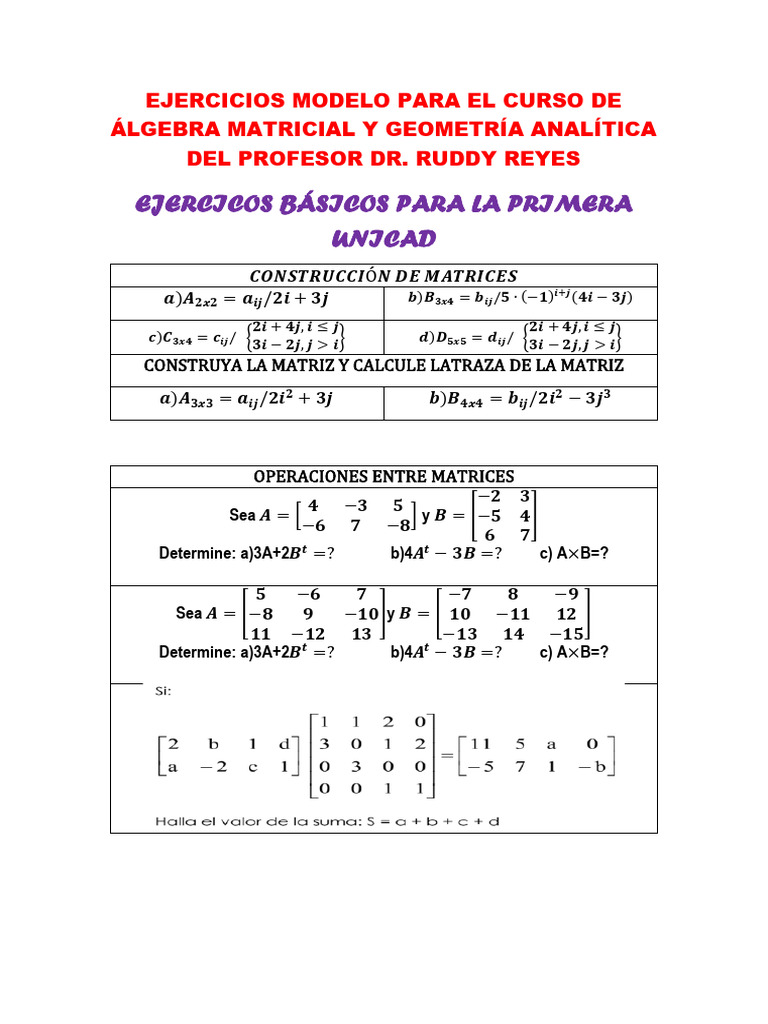 Ejercicios Modelo para El Curso de Álgebra Matricial y Geometría Analítica Del Profesor DR | PDF ...