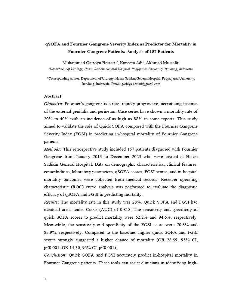 qSOFA & FGSI Predict Mortality in FG | PDF | Receiver Operating ...