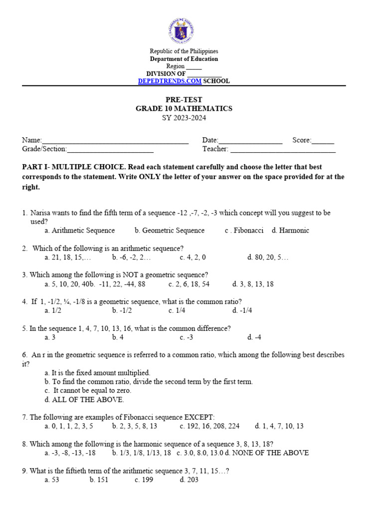 Math 10 Pre Test Sy 2023-2024 | PDF | Mathematical Analysis ...