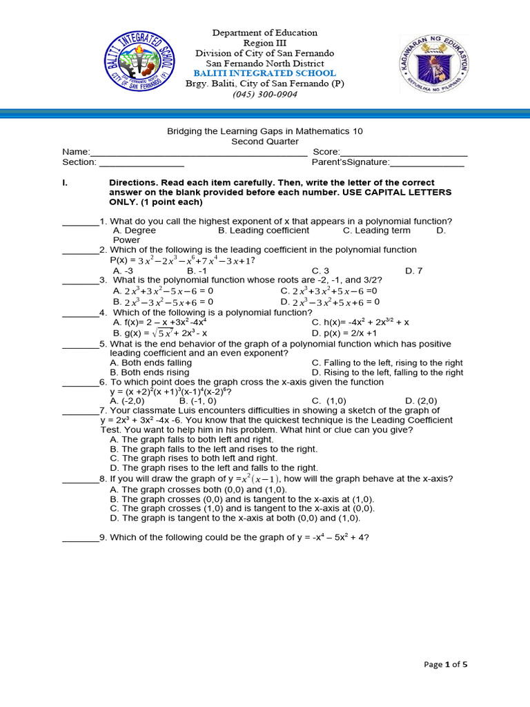 Math 10 Quarter 2 Exam Pdf Tangent Circle