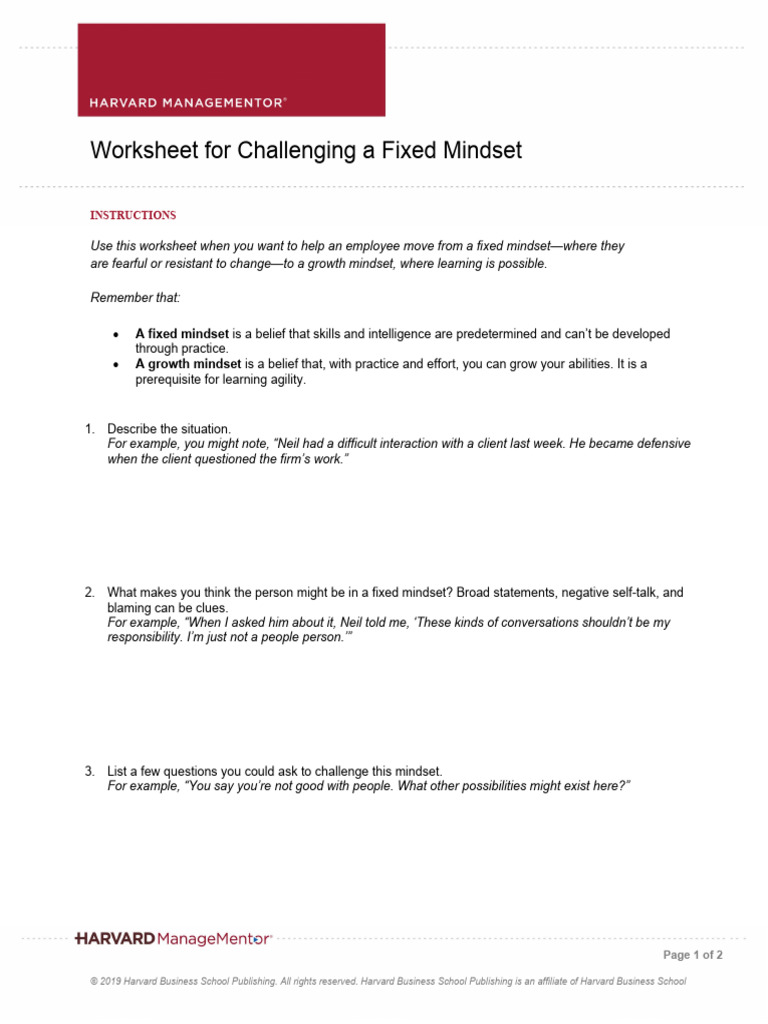Worksheet For Challenging A Fixed Mindset | PDF | Mindset | Human ...