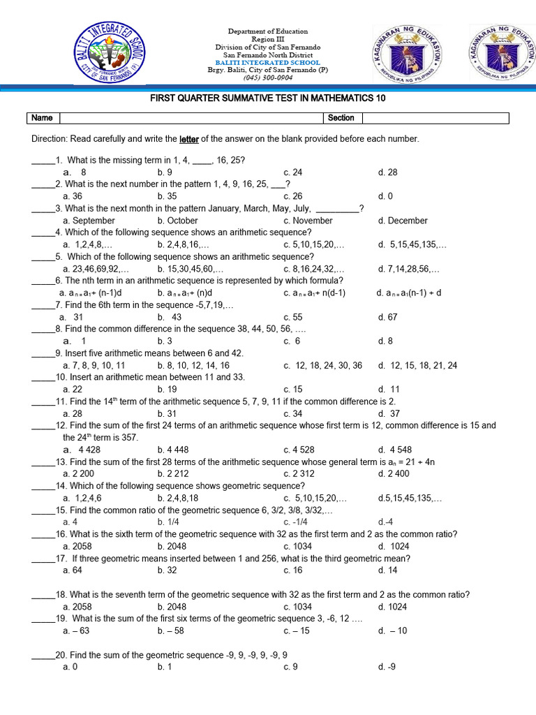 Math 10 Quarter 1 Summative | PDF | Mean | Polynomial