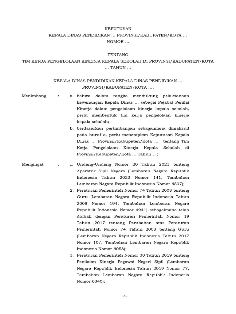 Draft Contoh SK Kepala Dinas Pendidikan Tentang Tim Kerja Pengelolaan Kinerja KS | PDF