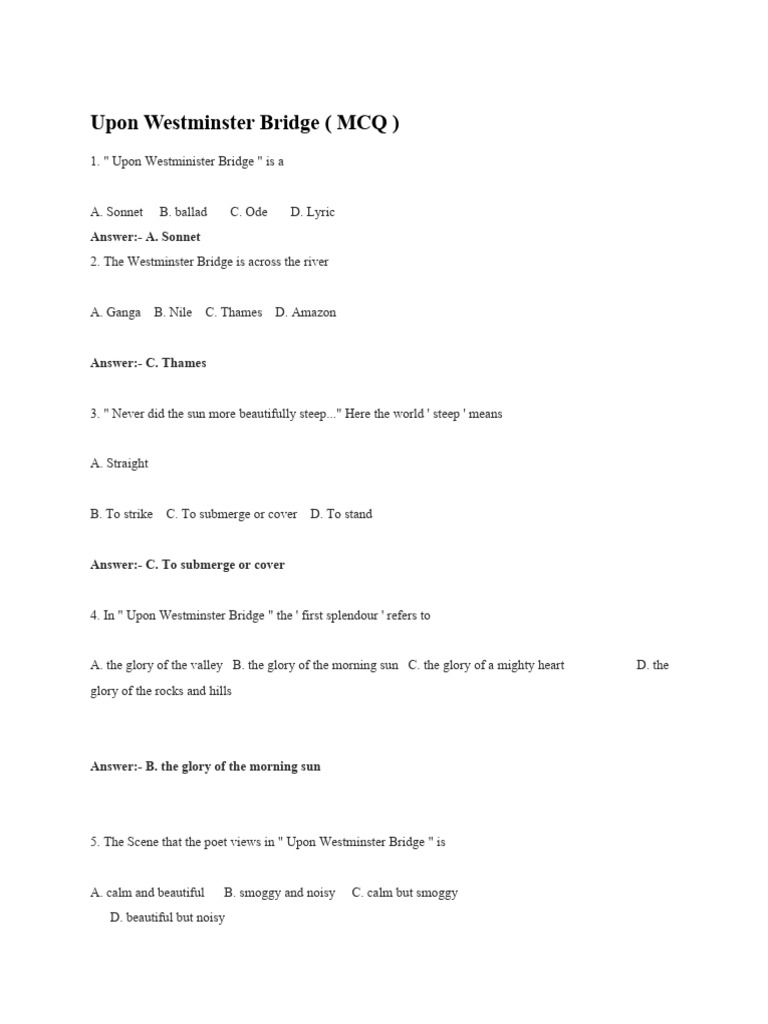 Upon Westminster Bridge MCQ | PDF | Poetry | Poems