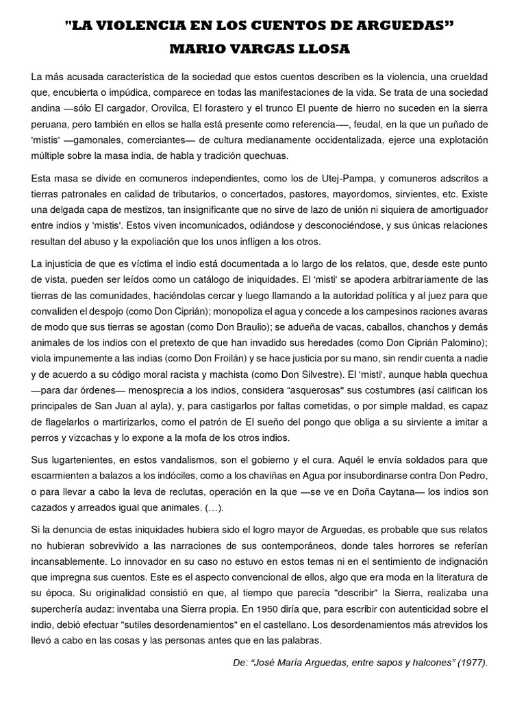 Texto La Violencia En Los Cuentos De Arguedas Pdf