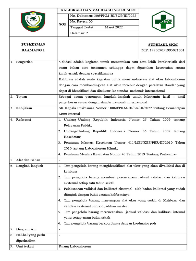 Sop Kalibrasi Dan Validasi Instrumen | PDF