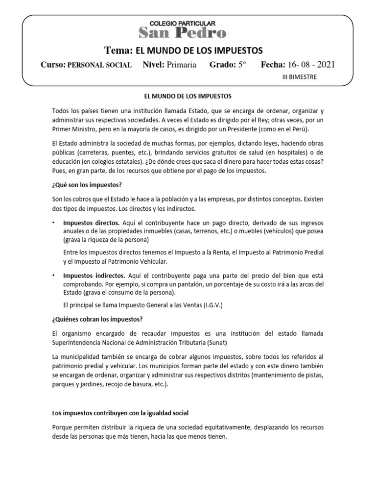 Practica de P.S. 5° Grado El Mundo de Los Impuestos | Descargar gratis PDF | Impuestos | Economias