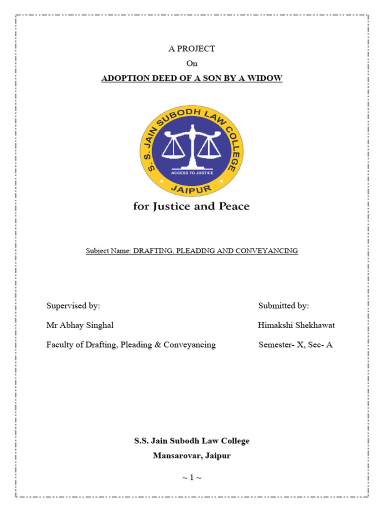 Adoption Deed of A Son by A Widow: Subject Name: Drafting, Pleading and ...