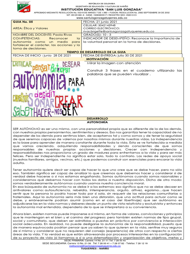 Guia 5 Etica | PDF | Autonomía | Toma de decisiones