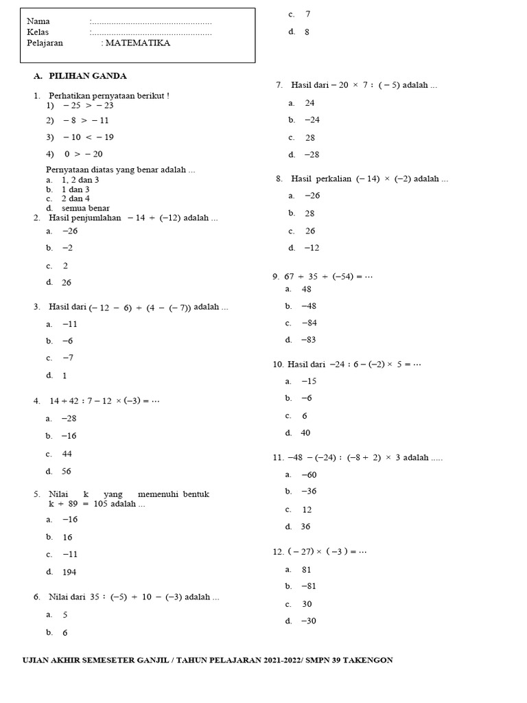SOAL UAS MATH Kelas 7 2020 | PDF