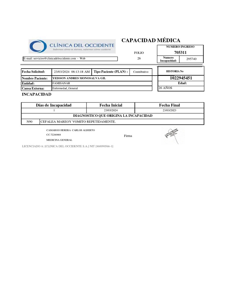 Incapacidad Clínica Occidente Paciente Yeisson | PDF