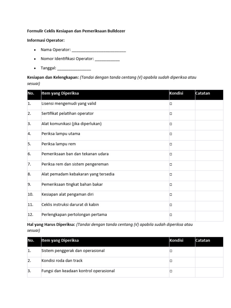 Form Inspeksi Kesiapan Dan Kelengkapan Operator Bulldozer | PDF