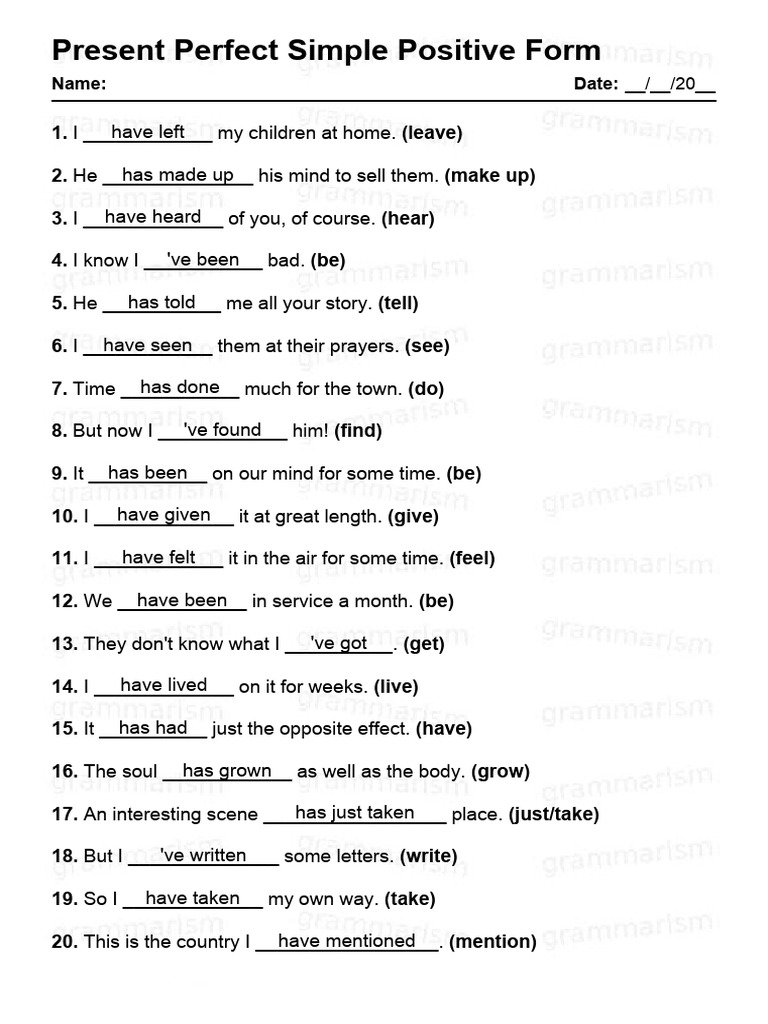 Grammarism Present Perfect Positive Test 3 Solved 16044880 | PDF ...