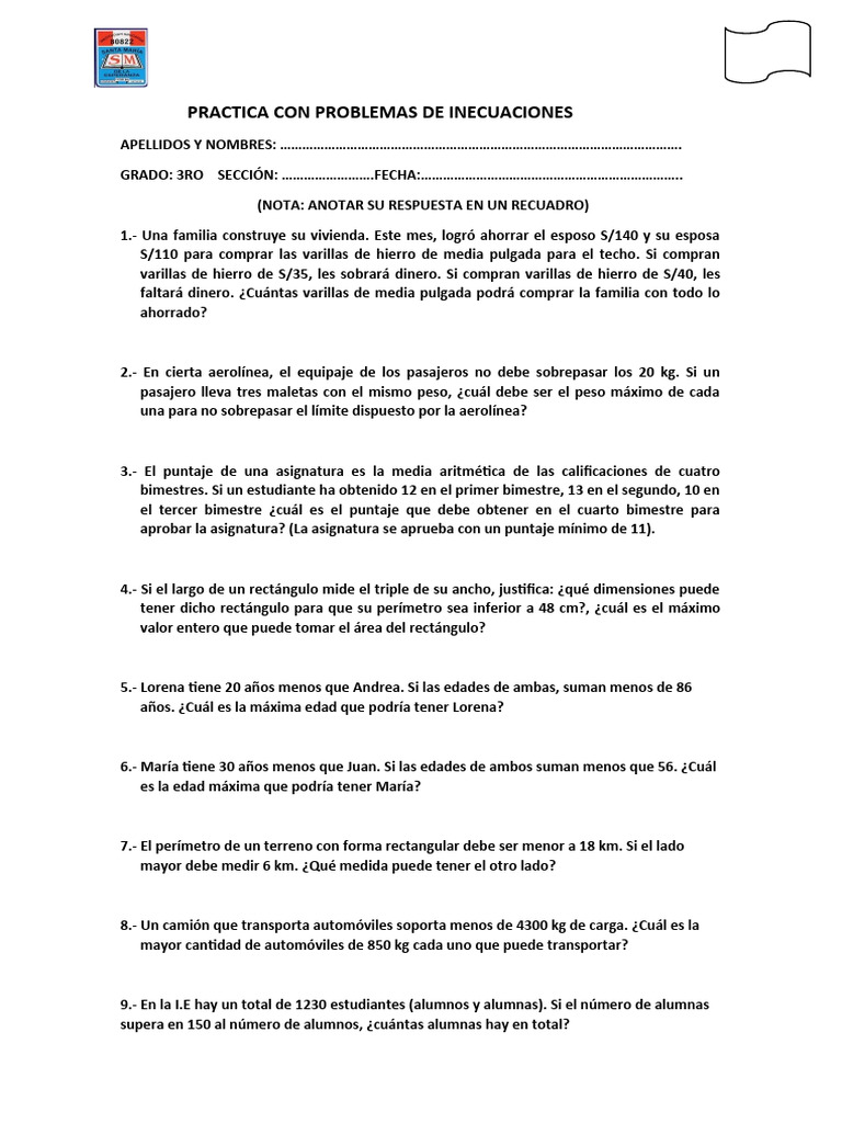 Practica de Inecuaciones - EnVIAR - 3B | PDF | Historia