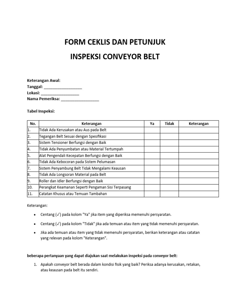 Form Ceklis Inspeksi Conveyor Belt | PDF
