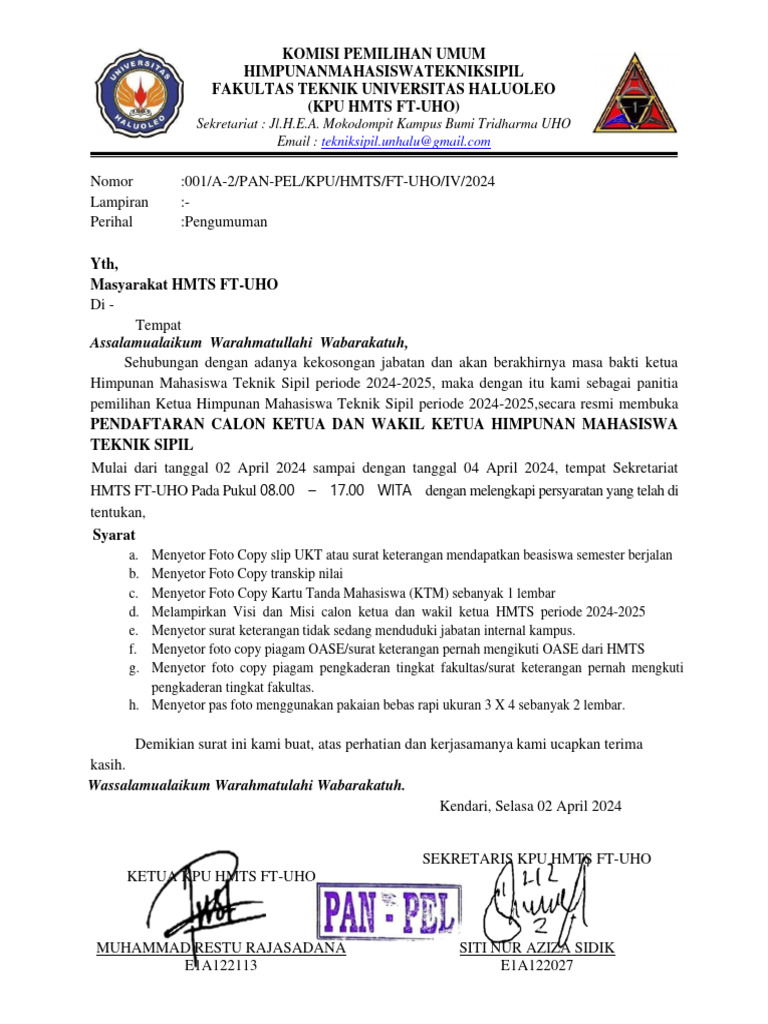 SURAT PENDAFTARAN CALON KETUA DAN WAKIL KETUA HMTS FT UHO 2023 31 Maret ...