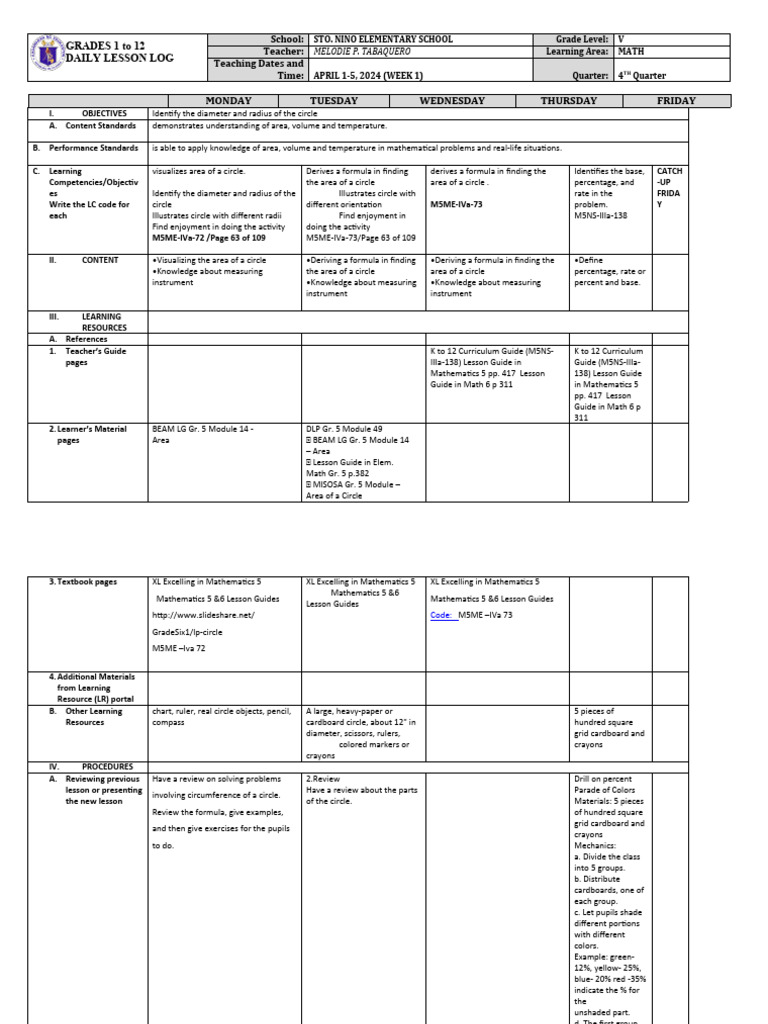 Grade 5 DLL MATH 5 Q4 Week 1 | PDF | Circle | Area