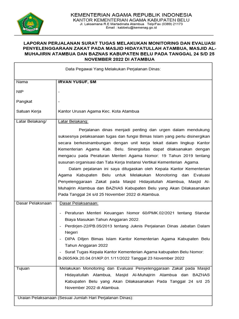 Surat Tugas Irvan 2022 | PDF