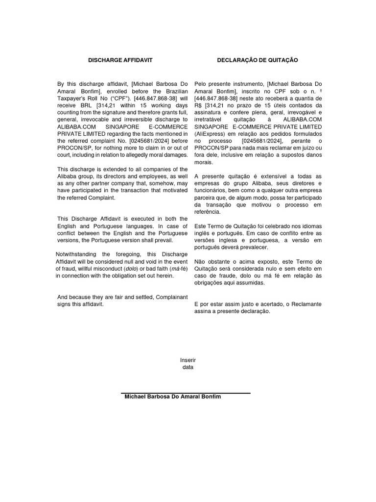 DISCHARGE AFFIDAVIT - Michael Barbosa Do Amaral Bonfim | PDF