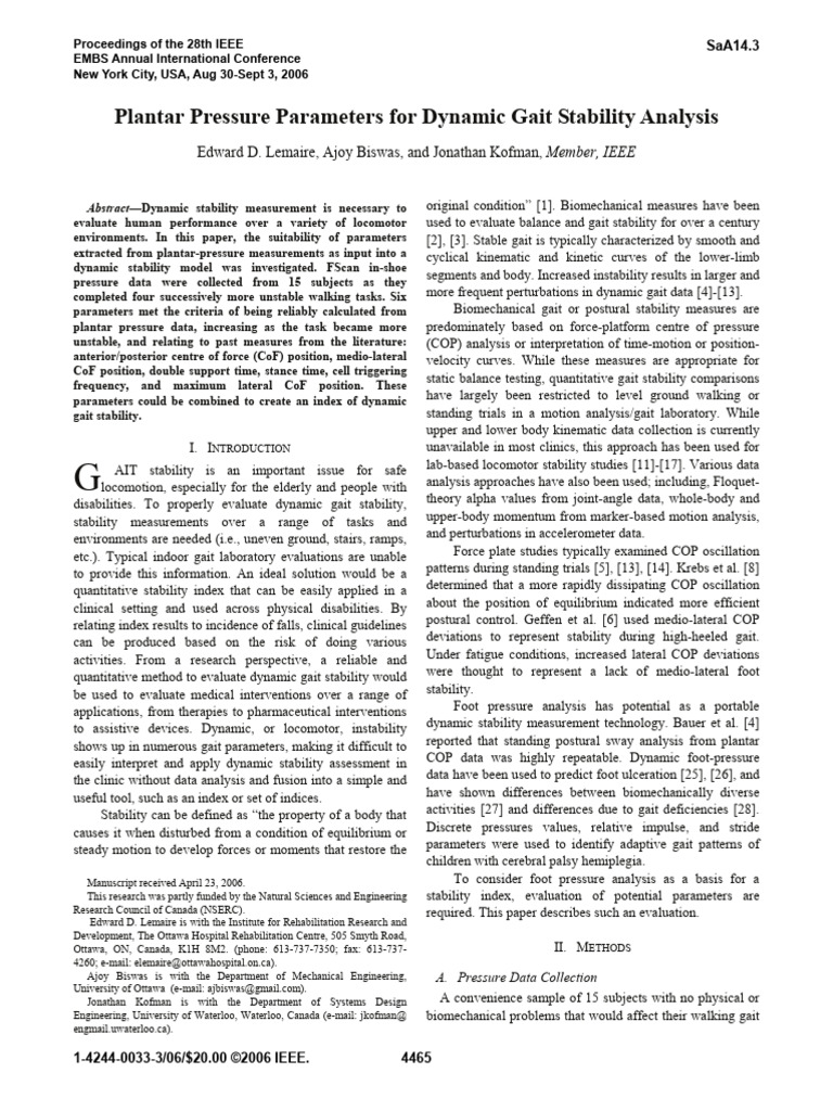 Plantar Pressure Parameters for Dynamic Gait Stability Analysis | PDF | Balance (Ability)