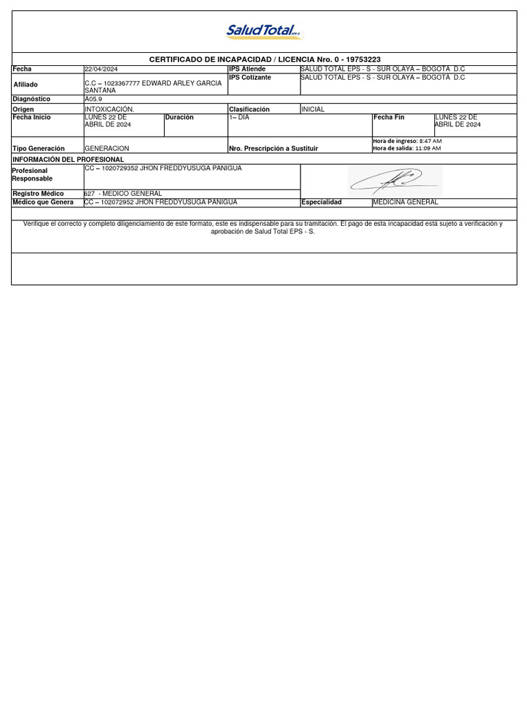 Incapacidad SaludTotal Paciente Edward | PDF