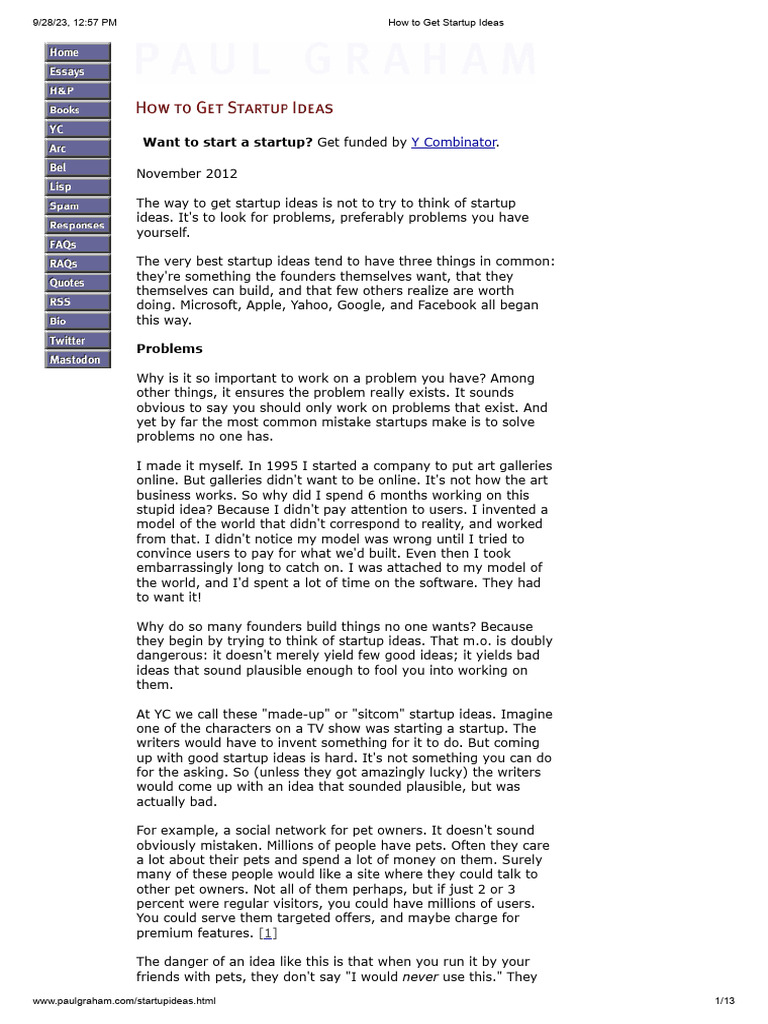 How To Get Startup Ideas - Paul Graham | PDF | Startup Company | Small ...