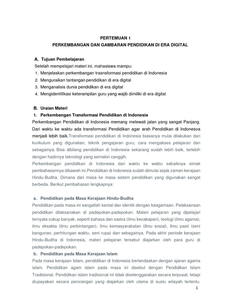 PERTEMUAN 1 - Perkembangan Dan Gambaran Pendidikan Di Era Digital | PDF