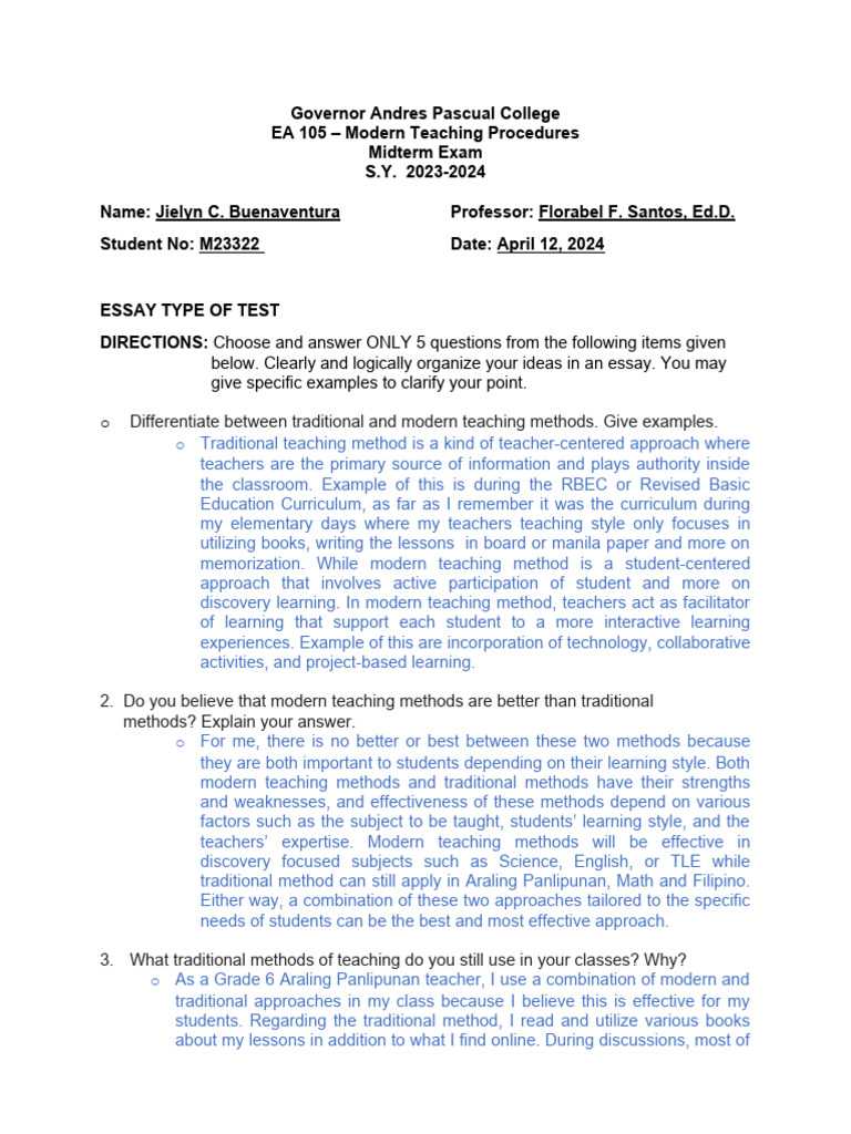 MIDTERM EXAM MODERN TEACHING PROCEDURES 2nd SEm 2023 24 | PDF | Teaching Method | Teachers