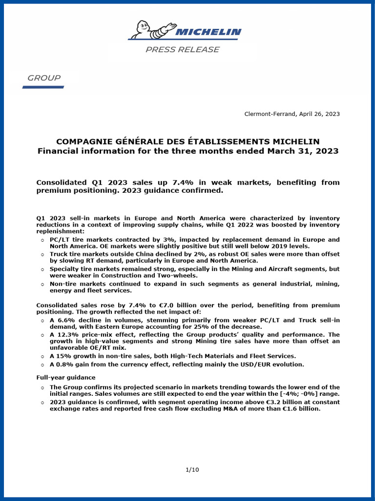 Michelin Q1 2023 Financial Overview | PDF | Tire | Inflation