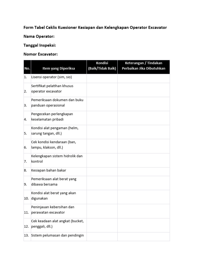 Form Inspeksi Kesiapan Dan Kelengkapan Operator Excavator | PDF | Teknologi & Rekayasa