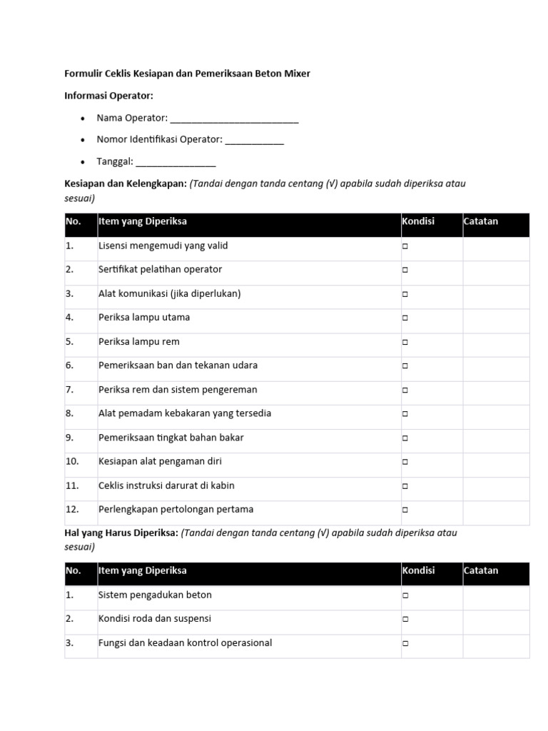 Form Inspeksi Kesiapan Dan Kelengkapan Operator Beton Mixer | PDF
