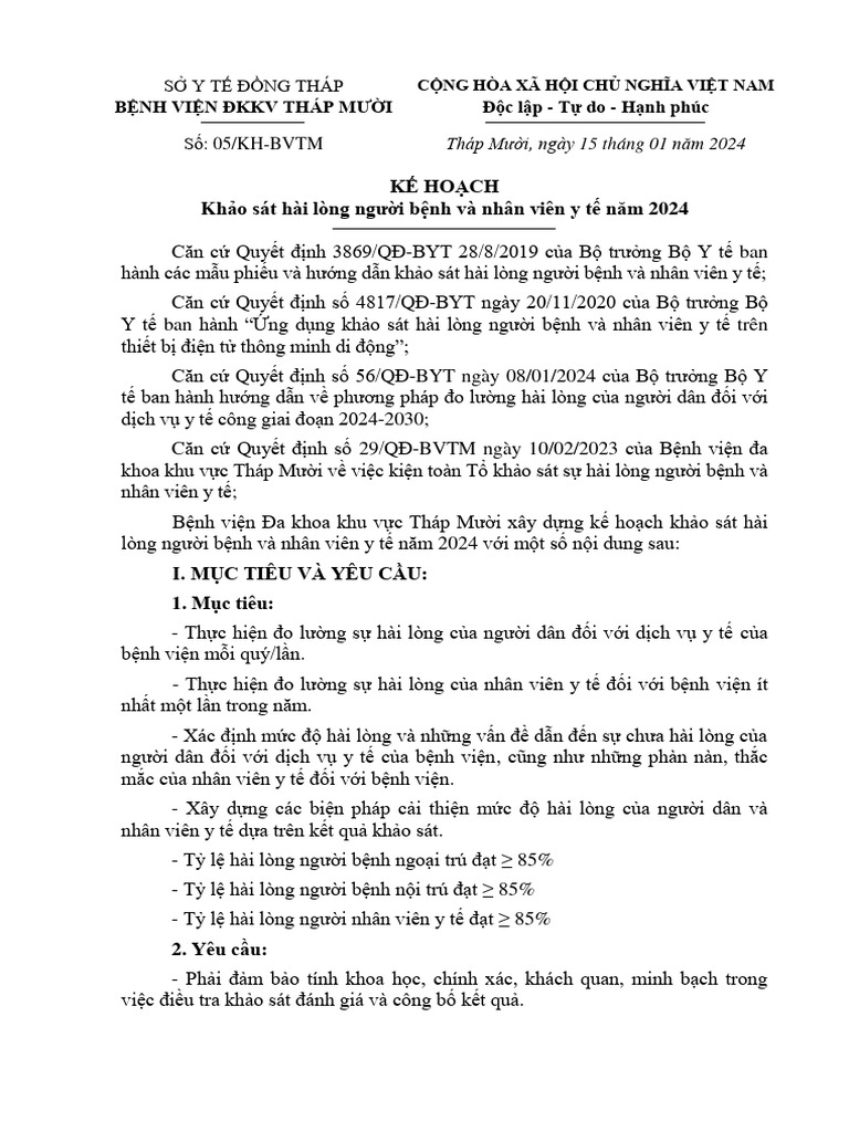 KH Khao Sat Hai Long Nguoi Benh Va NVYT Nam 2024 | PDF