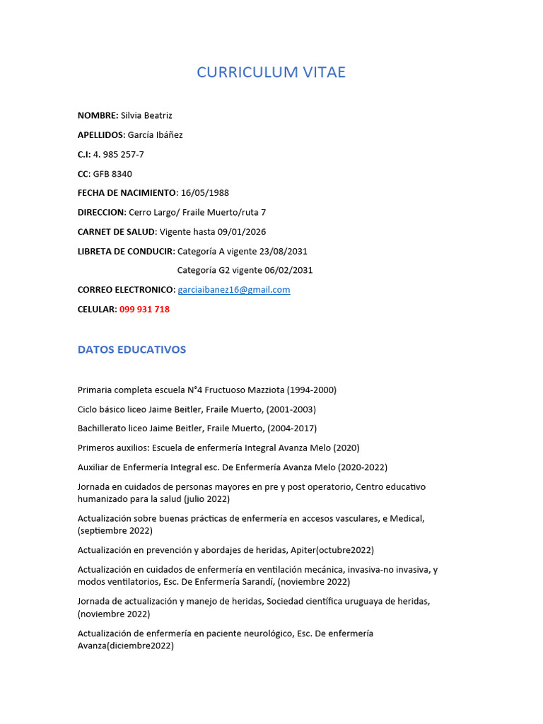 CURRICULUM VITAE Silvia Beatriz Garcia Ibañez | Descargar gratis PDF | Enfermería | Programas ...
