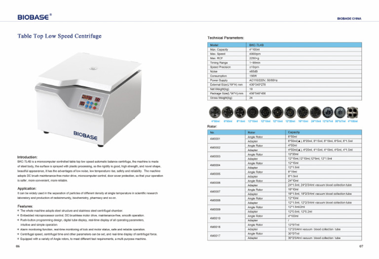 BIOBASE Table Top Low Speed Centrifuge BKC-TL4B | PDF