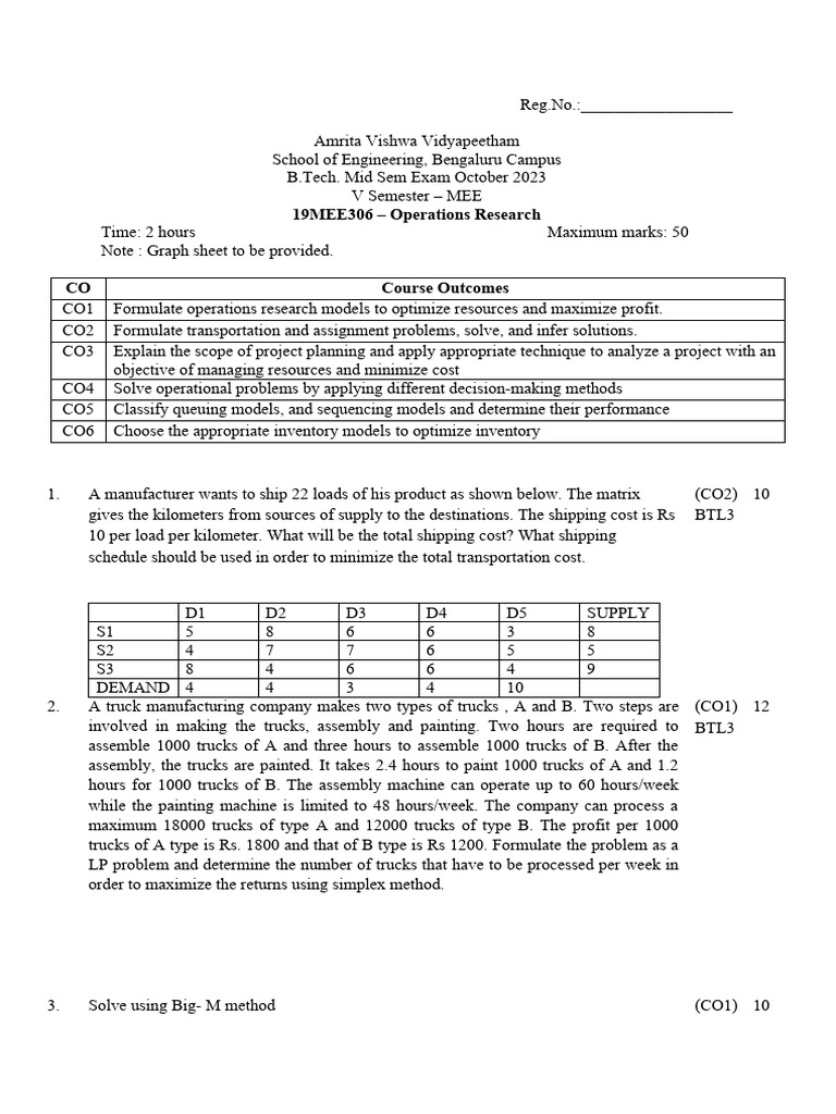 19MEE306 - Mid Sem Exam QP | Download Free PDF | Operations Research | Computational Science