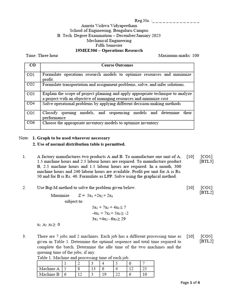 19MEE306 End Sem Exam Operations Research Set 1 | PDF | Applied Mathematics