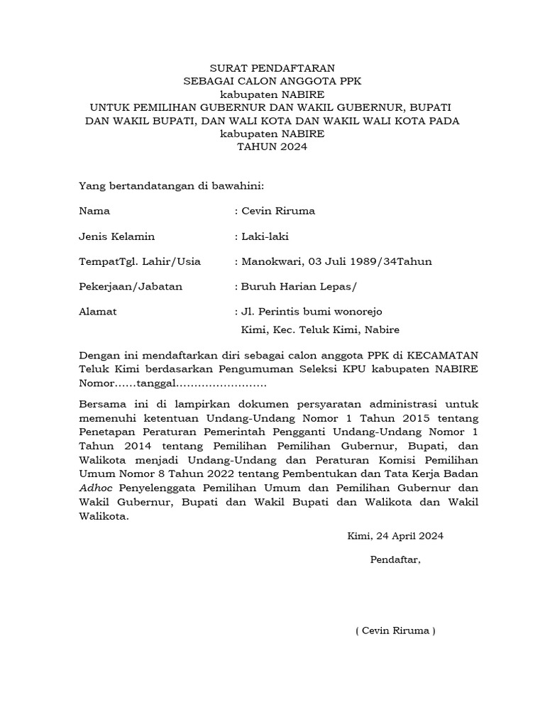 Contoh Surat Pendaftaran PPK | PDF