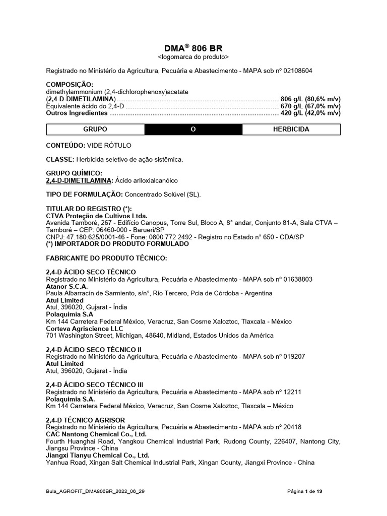 Bula DMA Corteva BR La v1 | PDF | Agricultura | Ferimento